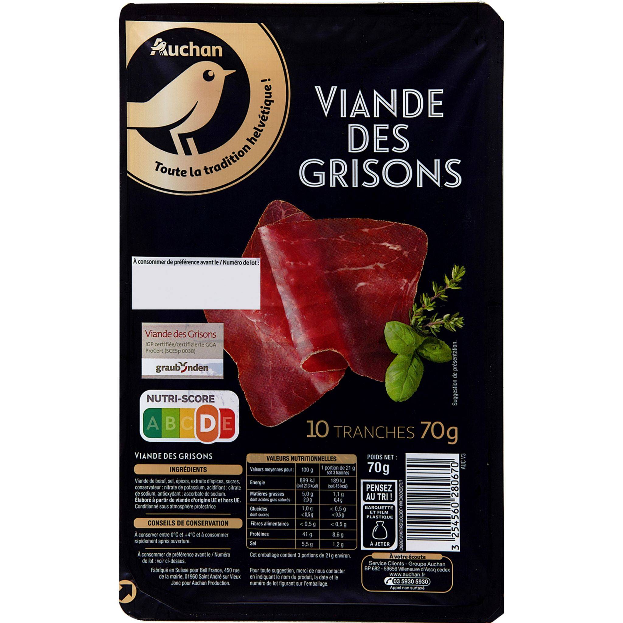 Auchan - Viande de grisons 10 tranches 70g